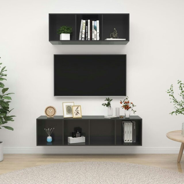 Rackhams 2 Piece TV Cabinet Set High Gloss Grey Engineered Wood - Grey ...