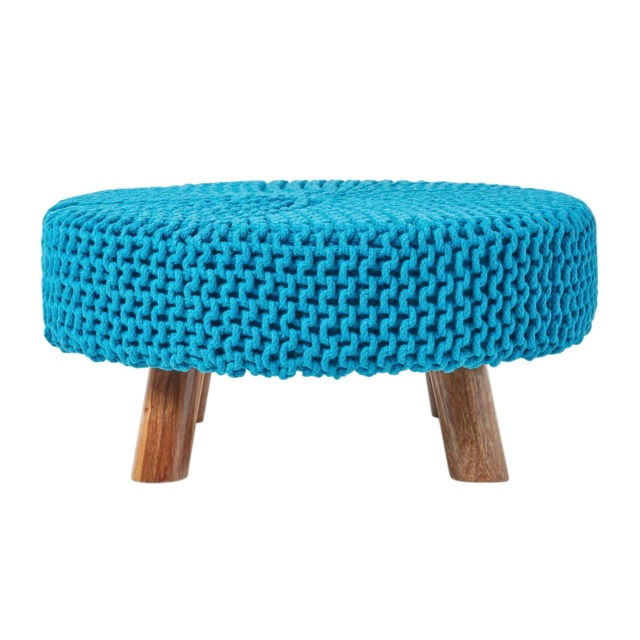 Homescapes Teal Blue Large Round Cotton Knitted Footstool on Legs by ...