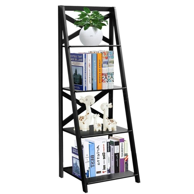 COSTWAY 4 Tier Ladder Shelf Storage Wooden Bookcase Black Black by ...