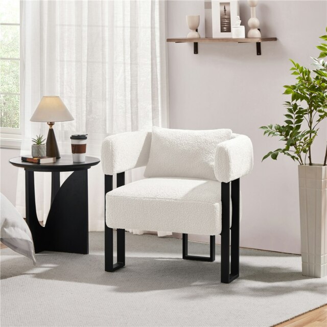 Yaheetech Boucle Barrel Accent Chair with Metal Legs Lumbar Pillow ...
