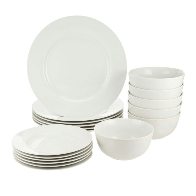 Glim glam dinner set plates bowls crockery 18pc set white porcelain rim ...