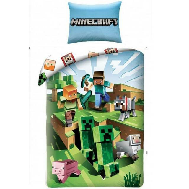 Minecraft battle duvet cover set - green/white/blue - single by Tesco ...