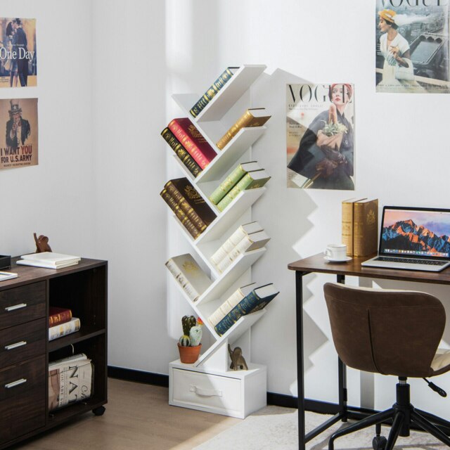 COSTWAY 10 Tiers Bookshelf Display Bookcase with Drawer White White by ...