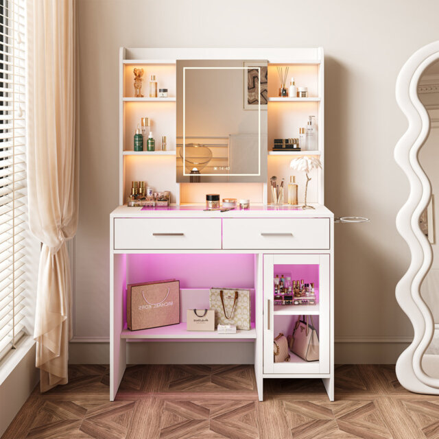 Modern Dressing Table With Mirror, LED And Storage Drawers & Cabinet ...