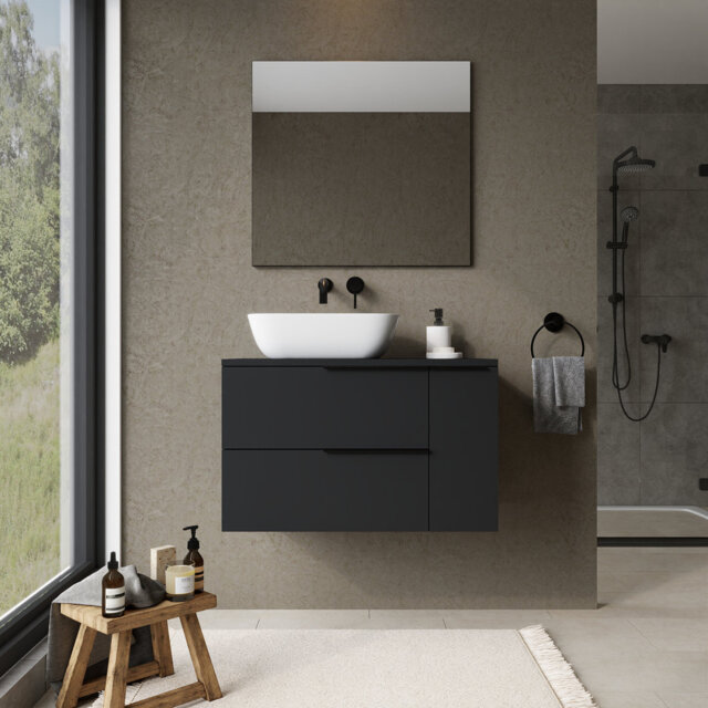 Sahanna Matt Black Wall Hung Vanity Unit With Matching Worktop - 800mm ...
