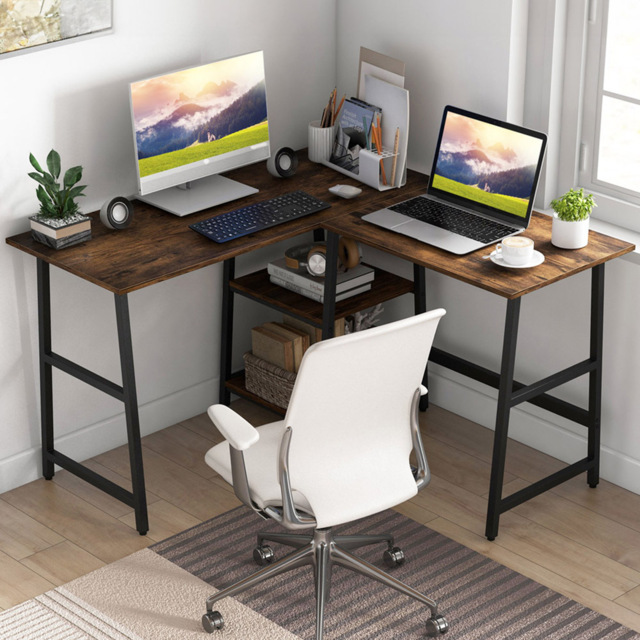 Costway 2 Shelf L Shaped Computer Desk with USB Port Rustic Brown by ...