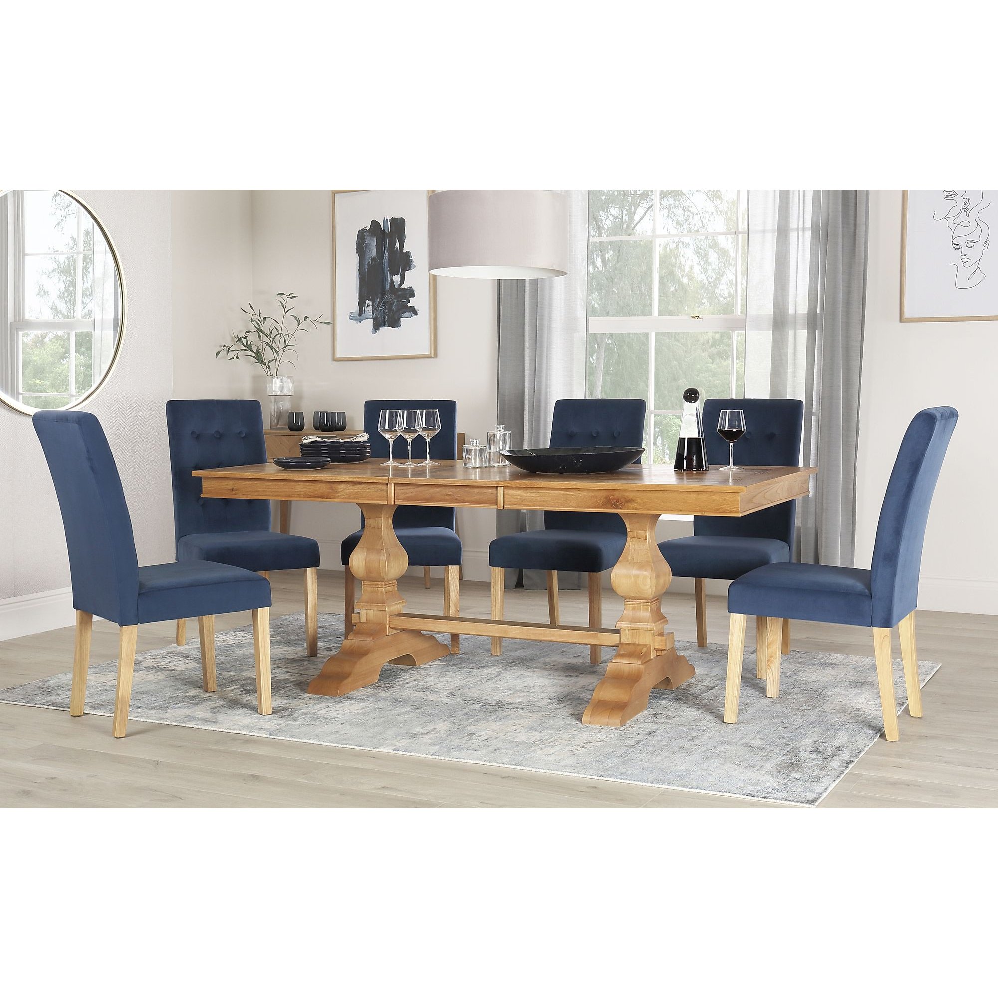 Cavendish Oak Extending Dining Table with 6 Regent Blue Velvet Chairs ...
