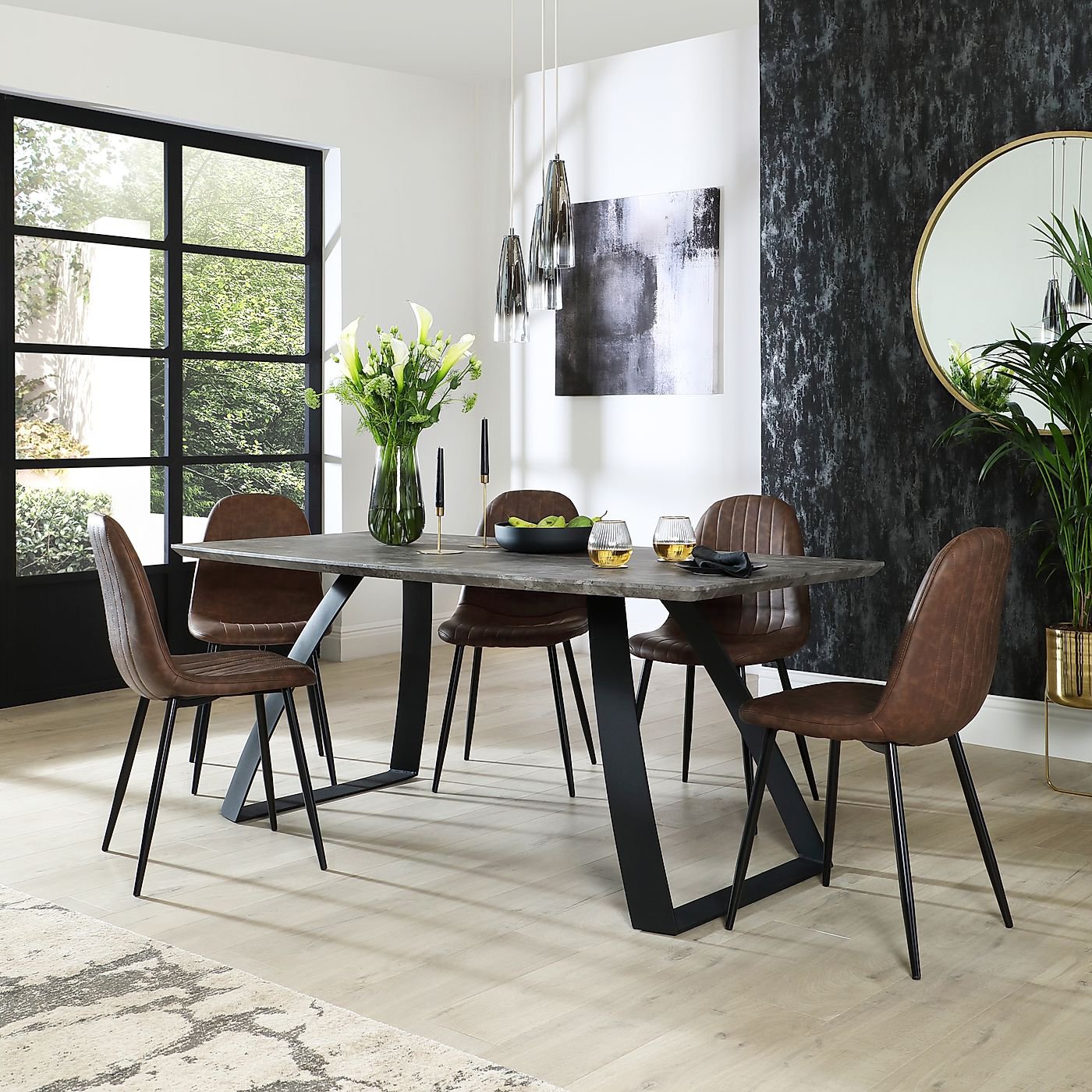 Ancona Concrete Dining Table with 6 Brooklyn Vintage Brown Leather ...