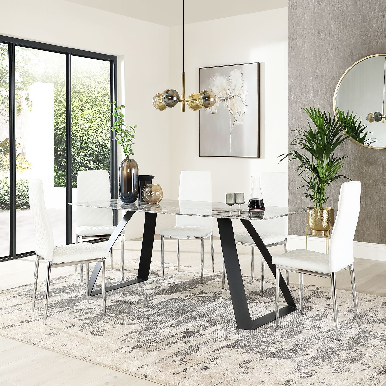 Ancona Marble Dining Table with 6 Renzo White Leather Chairs by ...