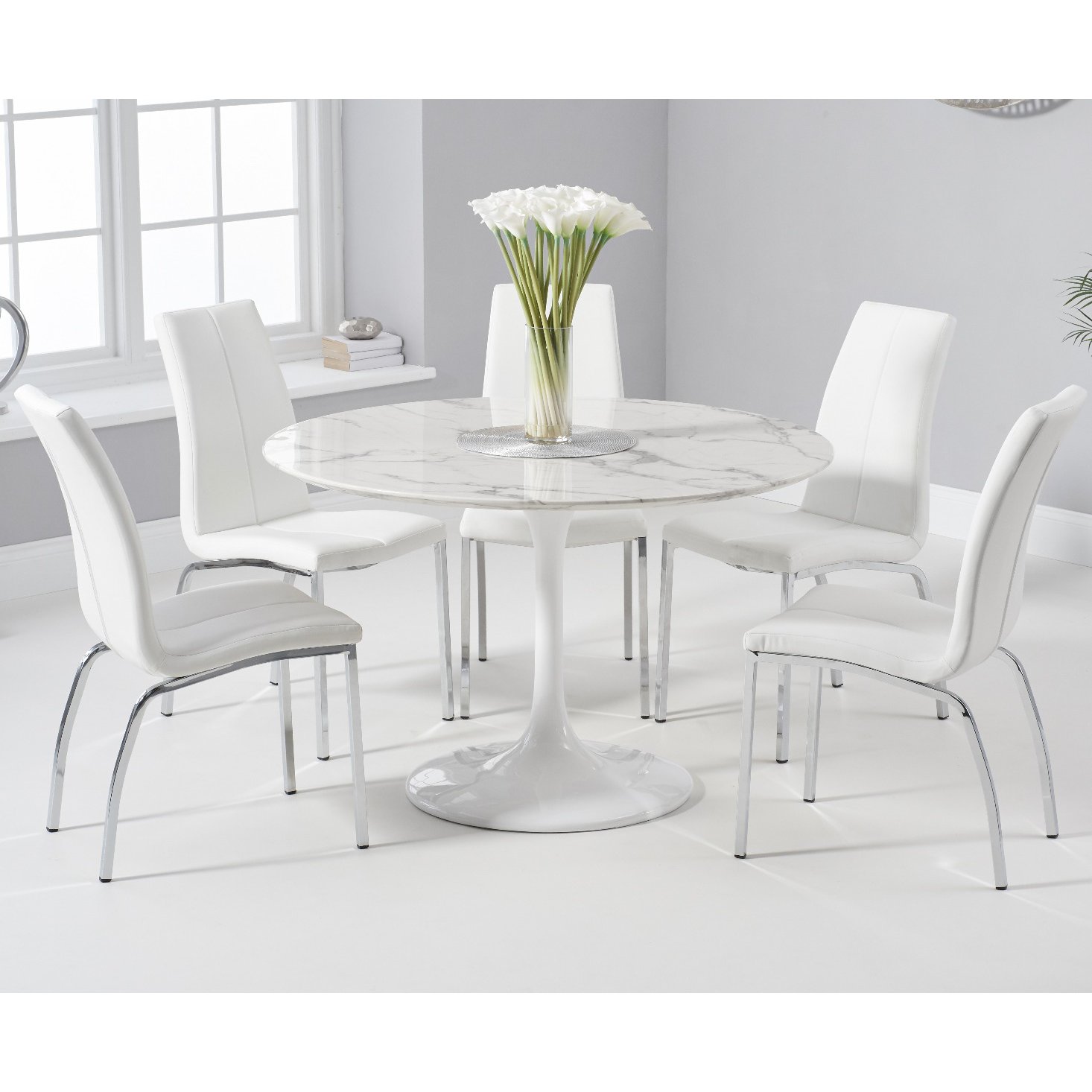Brighton 120cm Round White Marble Dining Table With 2 Cream Cavello ...
