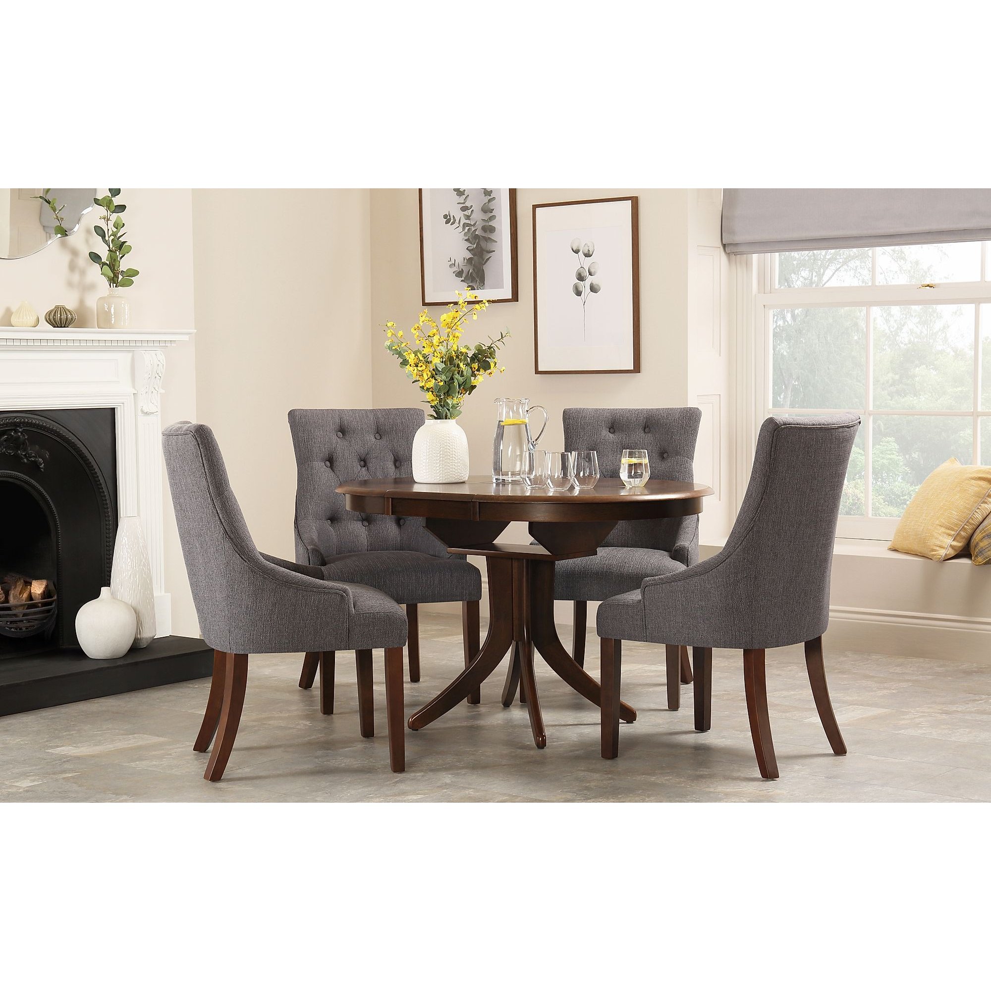 Hudson Round Dark Wood Extending Dining Table with 4 Duke Slate Fabric ...