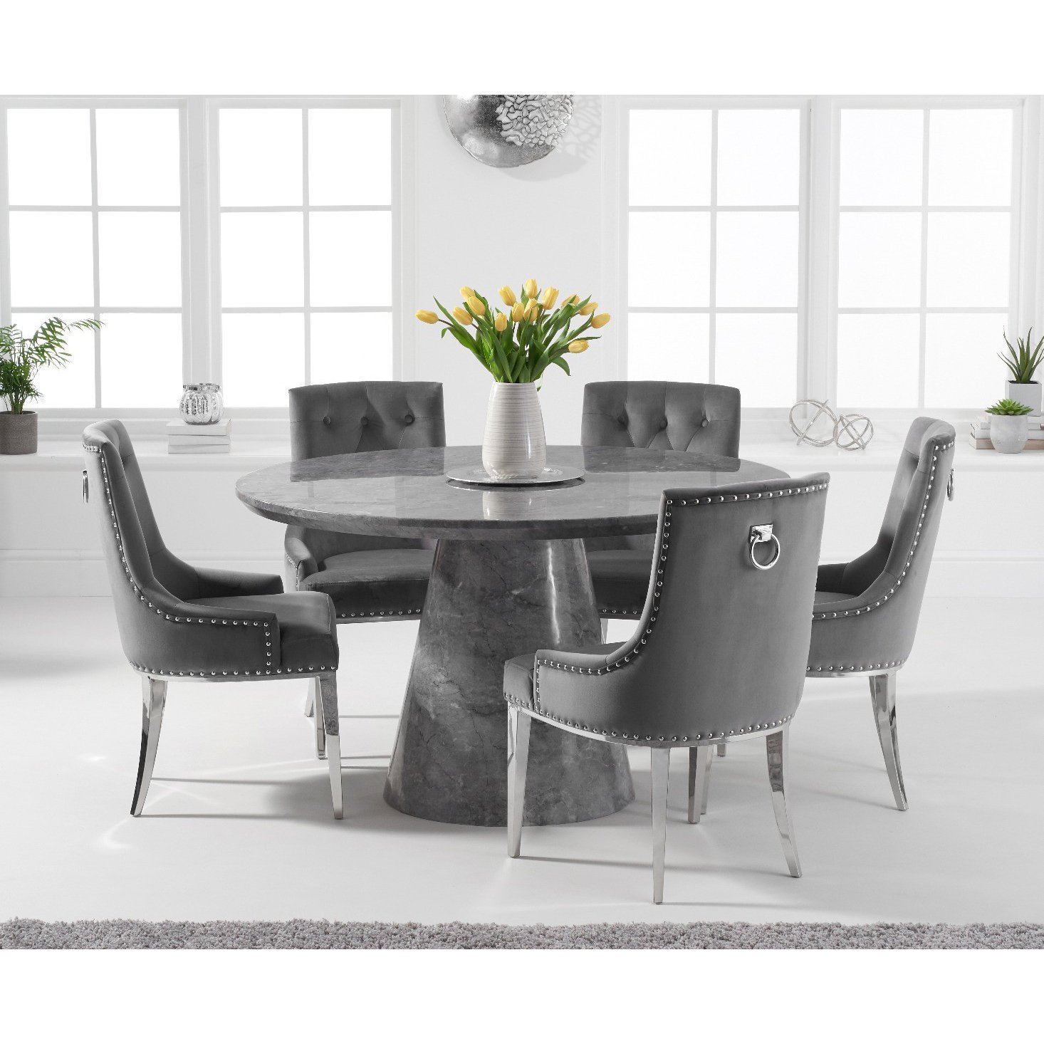Ravello 130cm Round Grey Marble Dining Table With 4 Grey Sienna Velvet ...
