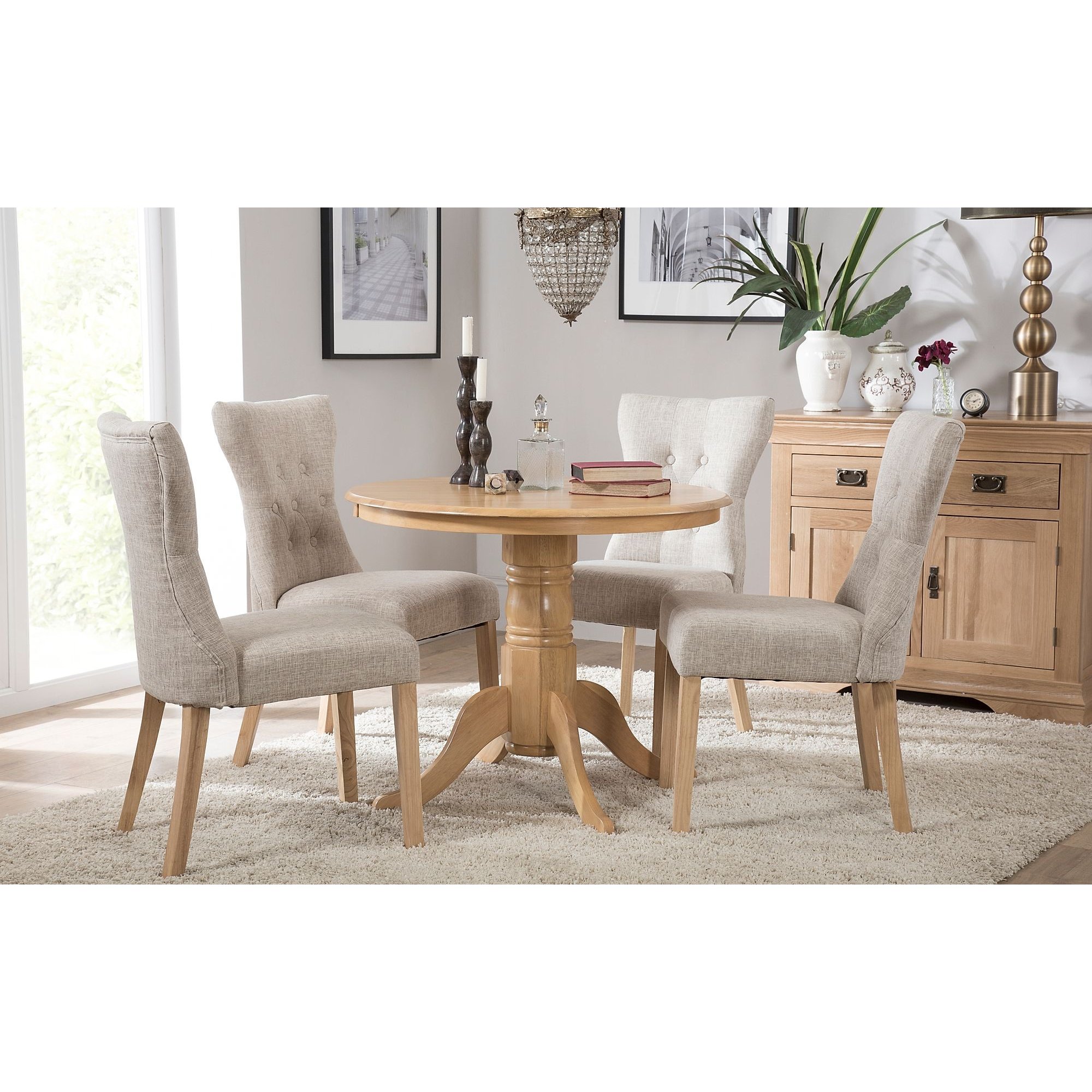 Kingston Round Oak Dining Table with 4 Bewley Oatmeal Fabric Chairs by ...