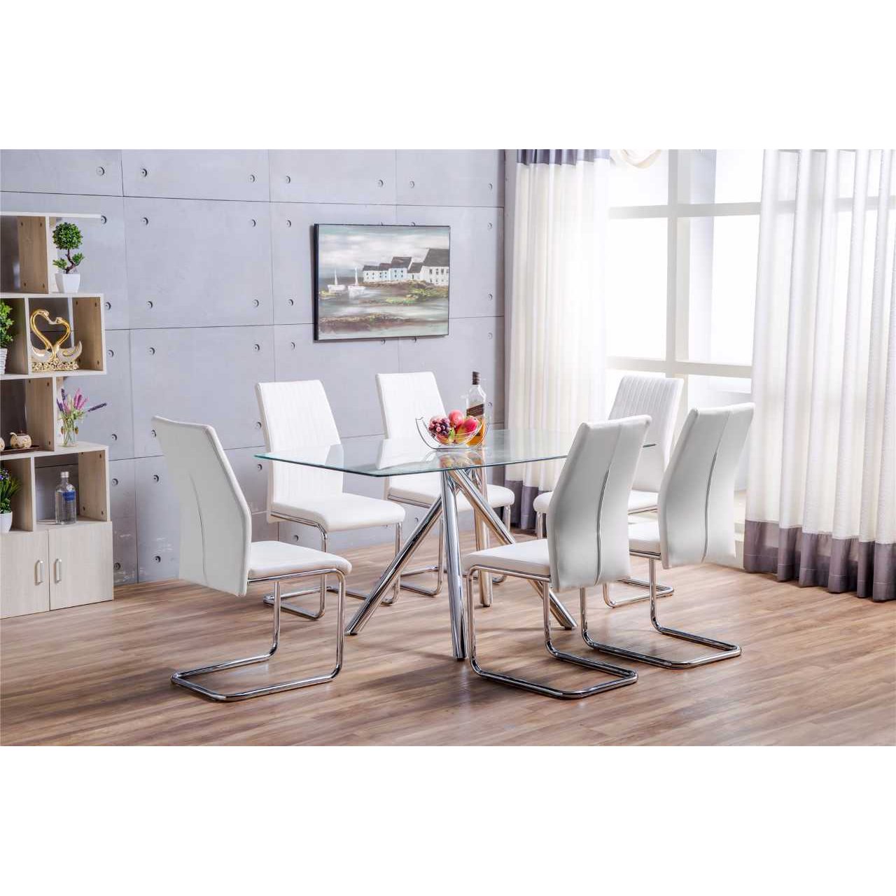 Alexa Glass Dining Table & 6 White Chairs Set by FurnitureBox | ufurnish.com