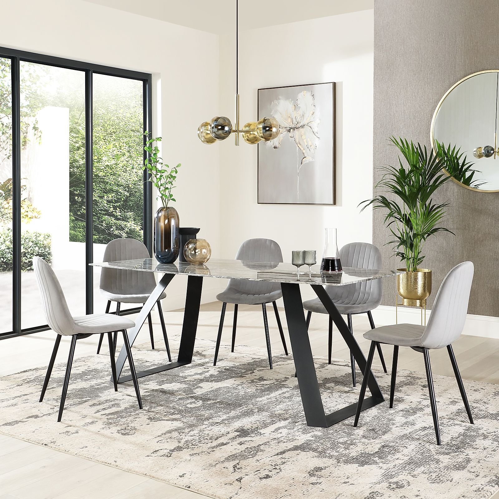 Ancona Marble Dining Table with 6 Brooklyn Grey Velvet Chairs by ...
