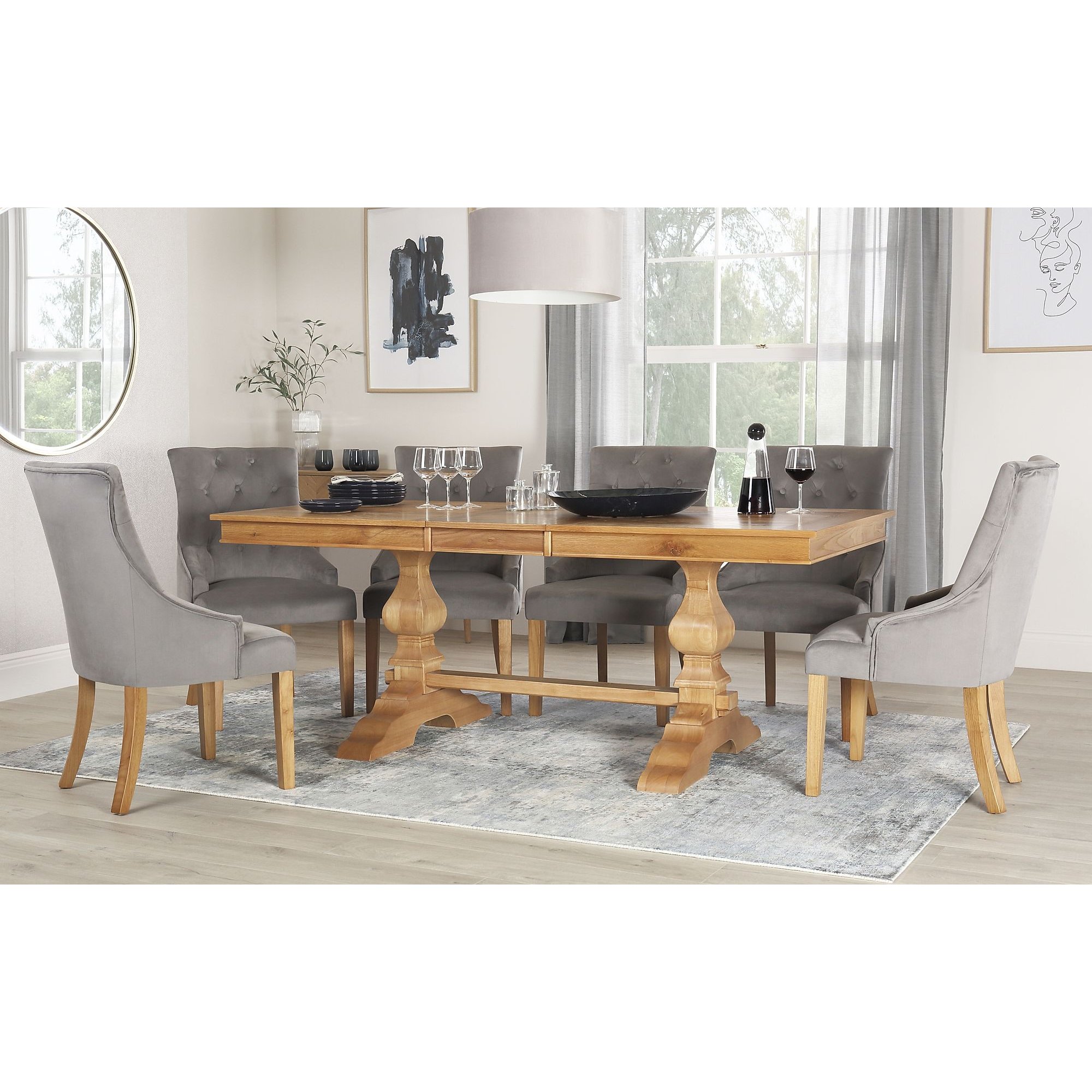 Cavendish Oak Extending Dining Table with 6 Duke Grey Velvet Chairs by ...