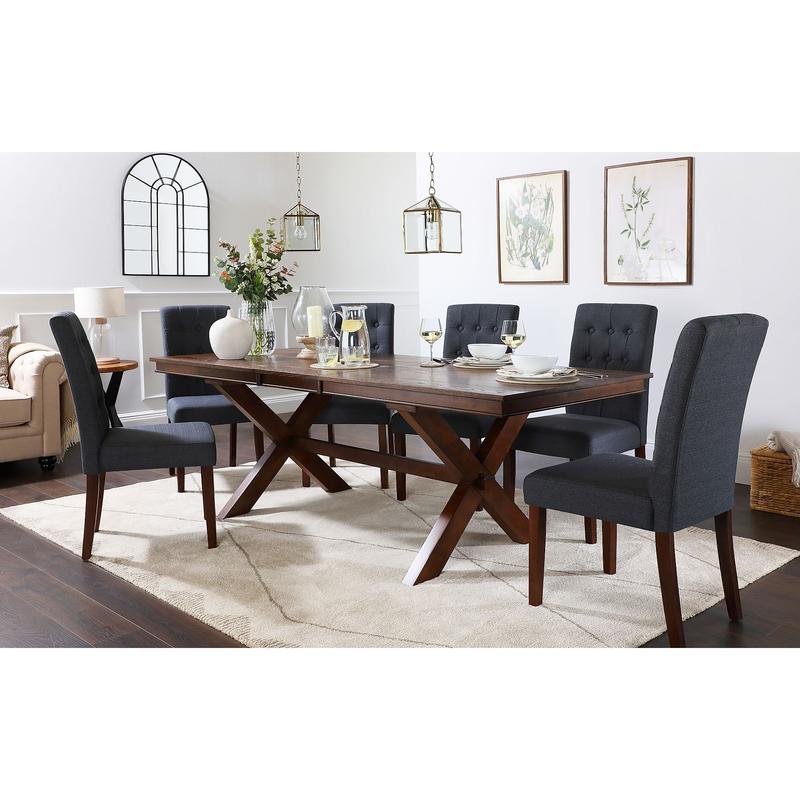 Grange Dark Wood Extending Dining Table with 6 Regent Slate Fabric ...