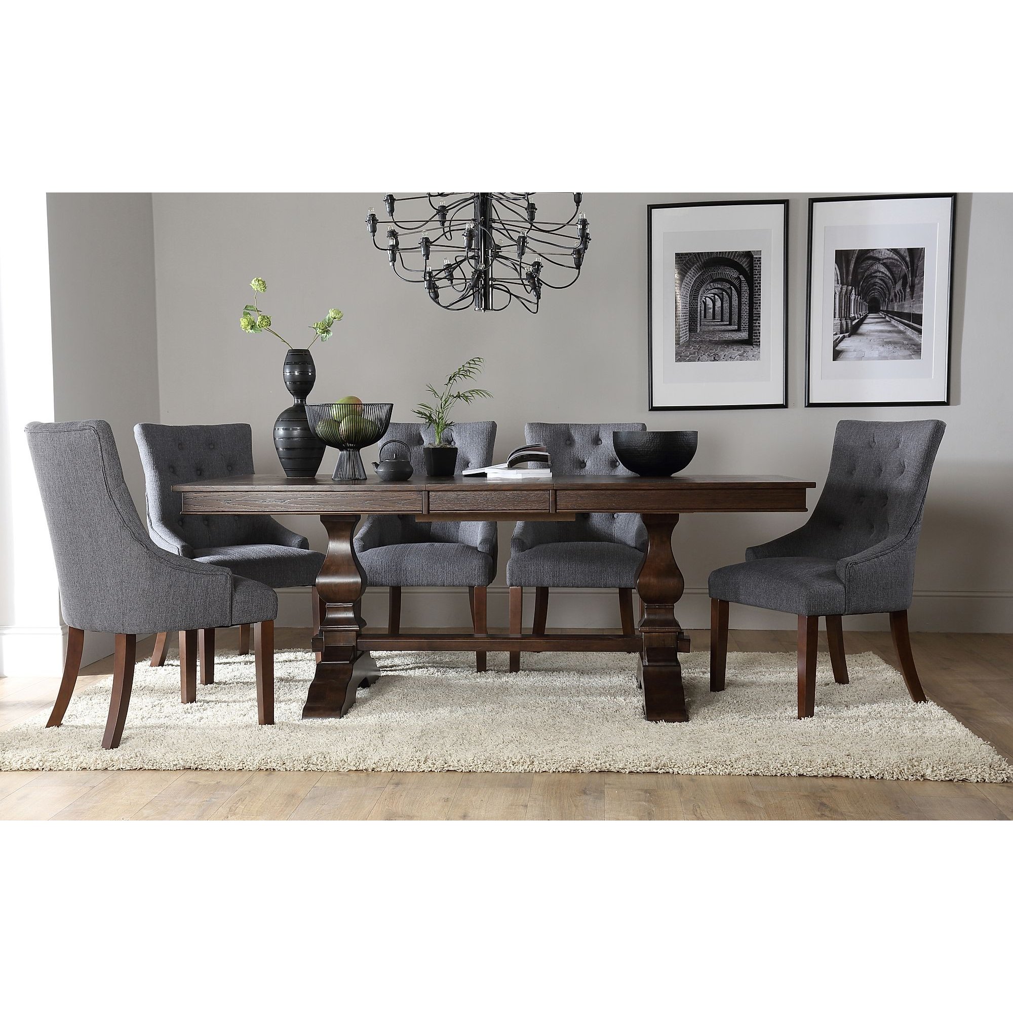 Cavendish Dark Wood Extending Dining Table with 4 Duke Slate Fabric ...