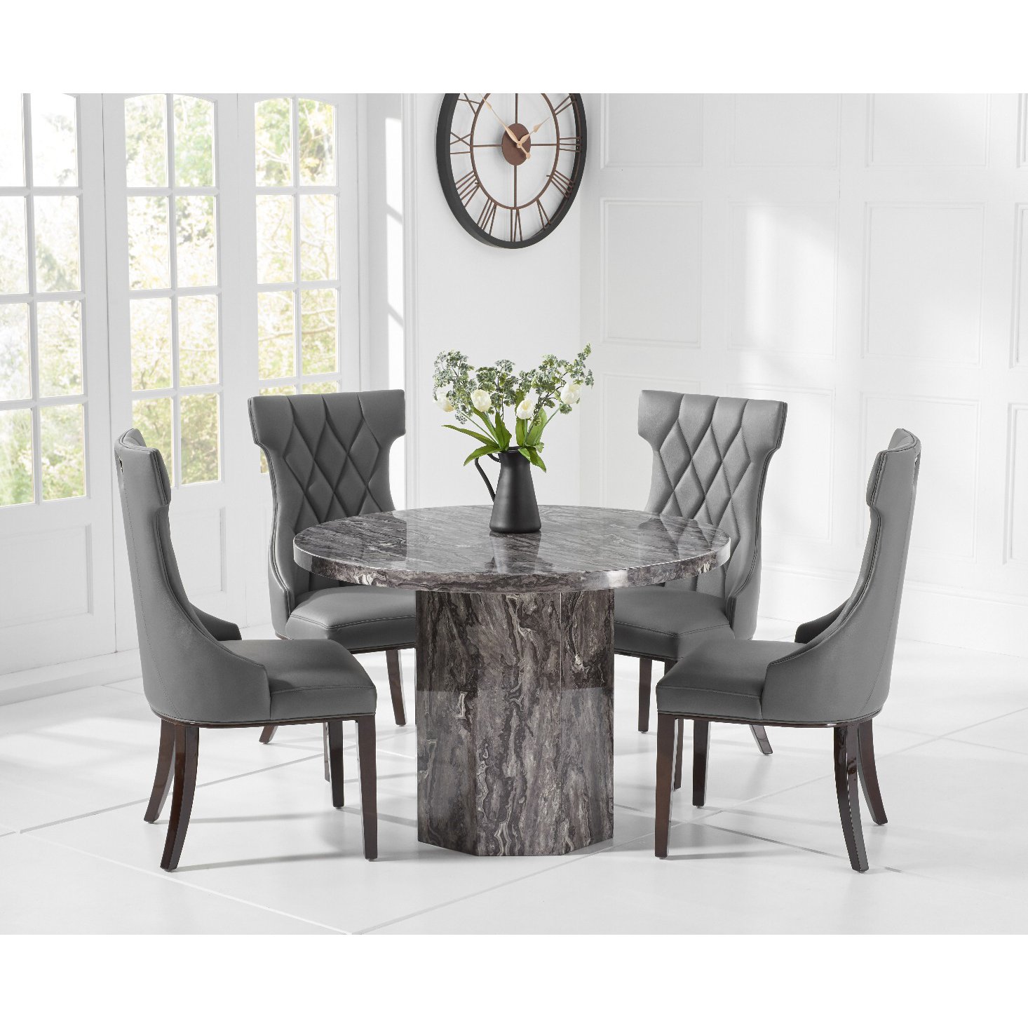 Crema Grey Round Marble Dining Table With 2 Cream Freya Chairs by Oak ...