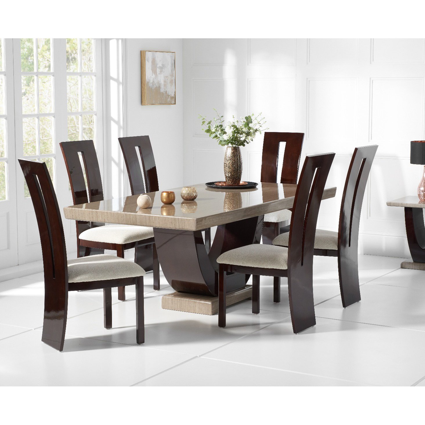 Raphael 170cm Brown Pedestal Marble Dining Table with Verbier Chairs by ...