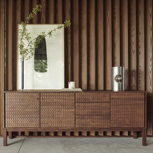 Dark Wood Sideboard – Mid-Century Solid Wood Cabinet with Carved Front ...