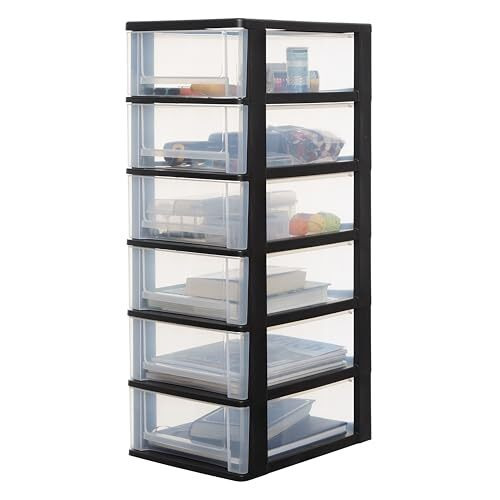 Iris Ohyama Plastic Storage Drawers Unit, 6 Shallow Drawers, Black ...