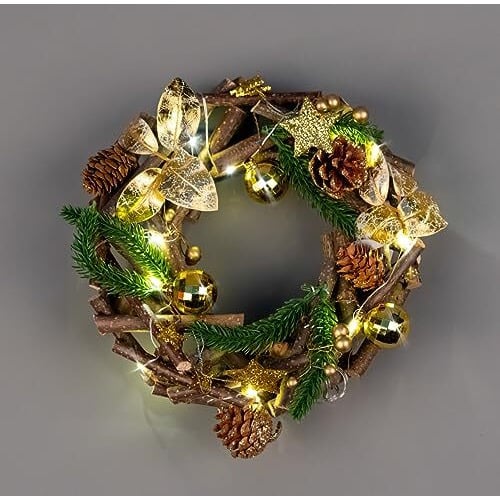 22cm Prelit Wreath Battery Operated - Wooden Twigs Base Decorated with ...