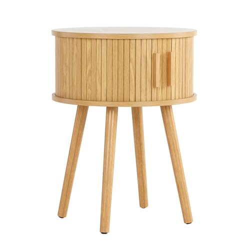 Home Source Round Bedside Table Wooden Nightstand, Compact Side Table ...