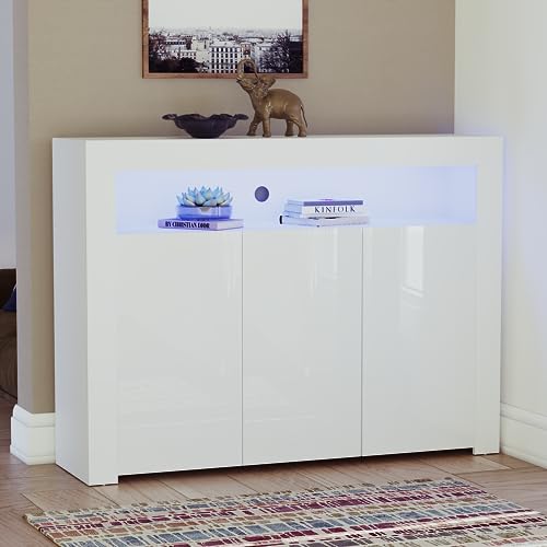 Vida Designs Nova 3 Door Modern LED Sideboard in White, RGB Lights ...