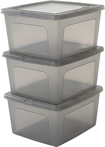 Iris Ohyama Versatile Storage Boxes, 18L, Set of 3, Grey, Easy Latch ...