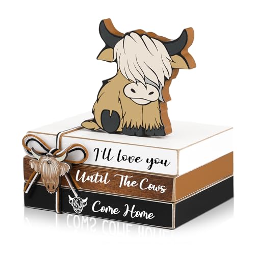 4 Pieces Highland Cow Tiered Tray Decor Mini Wood Book Stacks Table ...