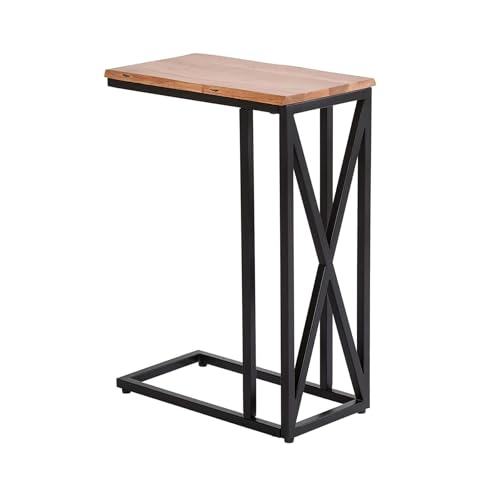 Home Source Acacia Wood Natural C Shaped Side Table, Black Metal Frame ...