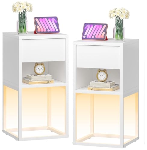 YITAHOME White Slim Bedside Table Set of 2, Slim Bedside Table with LED ...