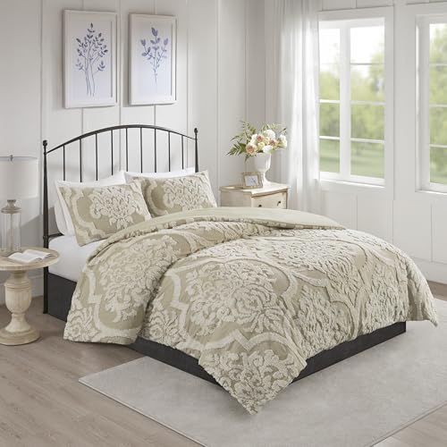 "Madison Park All Season Bedding Set, Matching Shams, Cotton, Viola, Damask Taupe, Full/Queen(90 ...