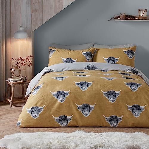 Fusion - Ochre Yellow Highland Cow Duvet Cover - Double Bedding Size ...