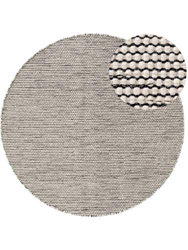 benuta Rocco Wool Rug Beige/Black Diameter 100 cm Round Short Pile Flat ...