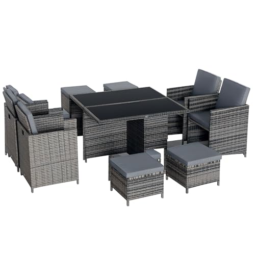 Outsunny 8 Seater Rattan Cube Garden Furniture Set, Rattan Dining Set ...