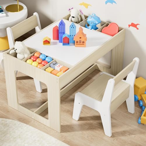 Clevich Kids Wooden Table and 2 Chairs Set with Storage Space and ...