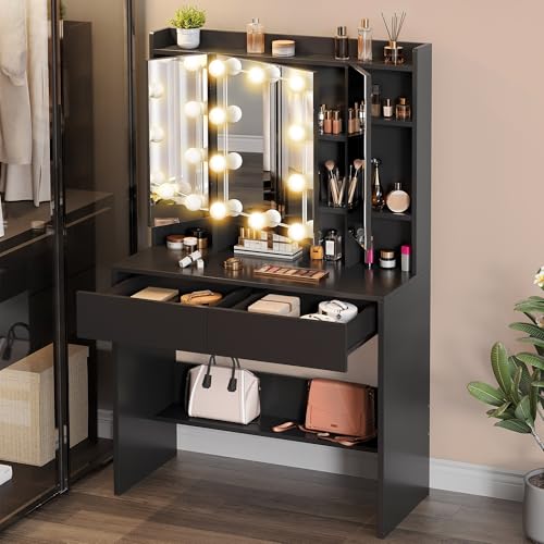 YITAHOME Black Dressing Table, Vanity Desk with 3 Mirror and 2 Drawers ...