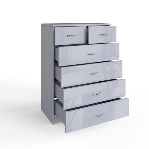 FWStyle Grey High Gloss Tall 6 Drawer Chest Bedroom Furniture Matt Grey ...