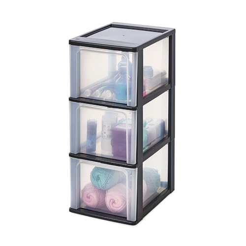 Iris Ohyama Plastic Storage Drawers Unit, 3 Deep Drawers, Black, Easy ...