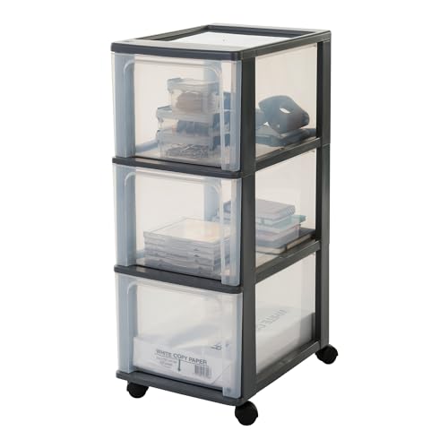 Iris Ohyama Plastic Storage Drawers Unit, 3 Deep Drawers, Black, Easy ...