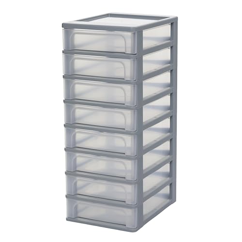 Iris Ohyama Plastic Storage Drawers Unit, 8 Shallow Drawers, Grey, Easy ...