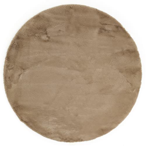 andiamo Deep-Pile Rug Soft Pile Faux Lambskin Plain Taupe 80 cm Round ...