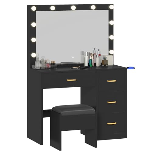 DWVO Vanity Table and Stool with LED Bulb Mirror, Dressing Table with ...