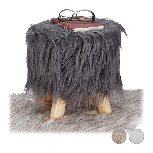 Relaxdays Faux Fur Stool, Fluffy, 4 Wooden Legs, Padded Footstool ...