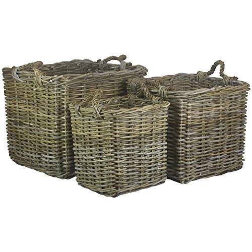Red Hamper Set of 3 Square Grey Rattan Log Baskets, Brown, H52 x W52 x ...