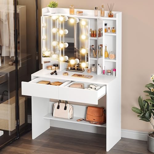 YITAHOME White Dressing Table, Vanity Desk with 3 Mirror and 2 Drawers, Bedroom Dressing Tables ...