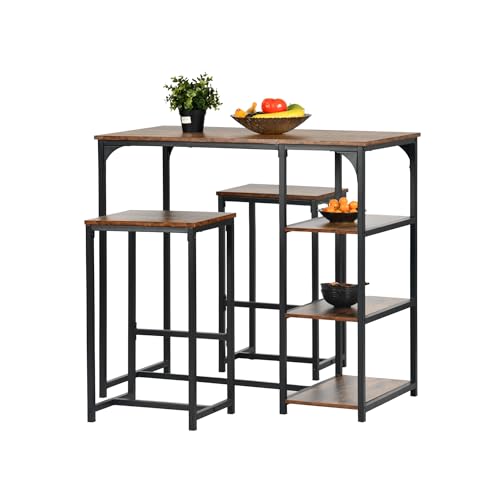 FurnitureR 3-Piece Bar Height Dining Set, Industrial Table with Storage ...