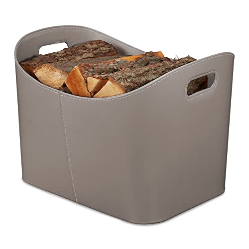Relaxdays Faux Leather Basket, Sturdy Firewood Container with Handles ...
